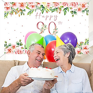 Crenics 90th Birthday Decorations for Women, Rose Gold Floral Happy 90th Birthday Banner Backdrop for Female 90 Birthday Party Supplies, 5.9 x 3.6 Ft
