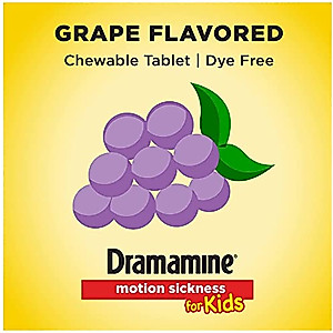 Dramamine Motion Sickness for Kids, Chewable, Dye Free, Grape Flavored, 8 Count