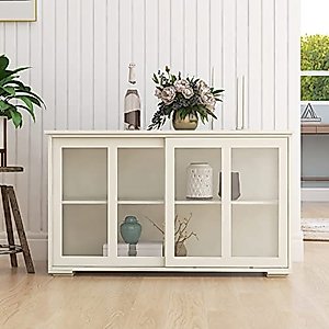 RASOO Kitchen Storage Cabinet Antique Stackable Black Buffet Storage Sideboard Adjustable Shelf Inside Credenza Cupboard with Transparent Glass Sliding Door (White)