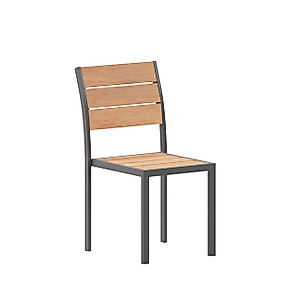 BizChair Commercial Grade Armless Patio Chair, Stackable Side Chair with Faux Teak Poly Slats and Metal Frame, Natural/Gray