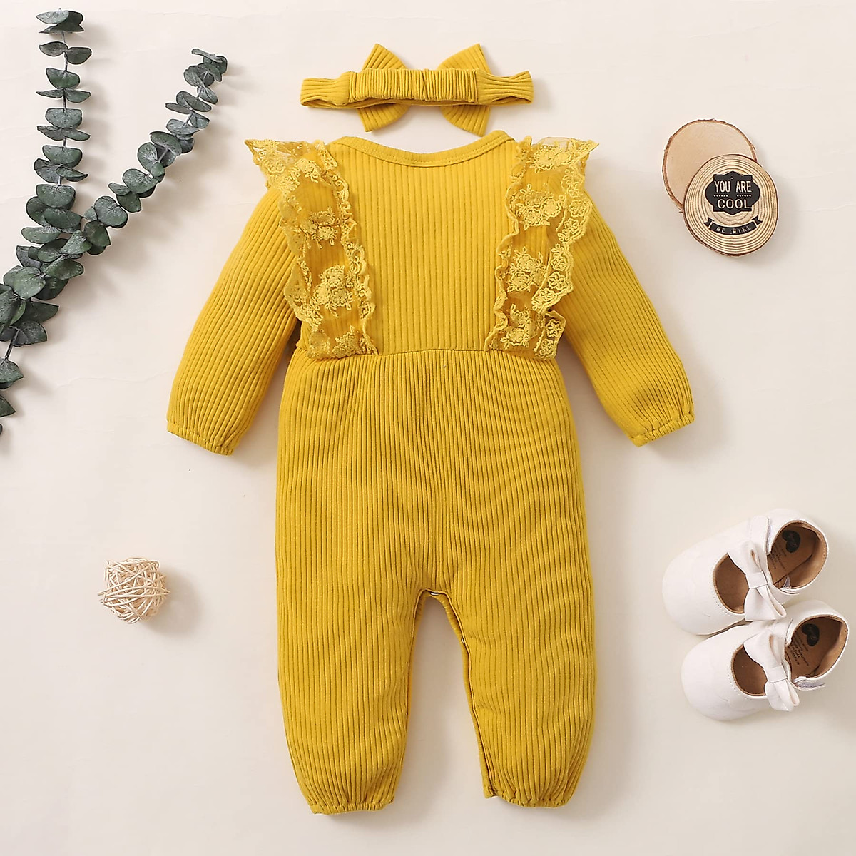 SOLOYEE 0-3 Months Baby Girl Clothes Cute Long Sleeve One Piece Infant Romper with Headband