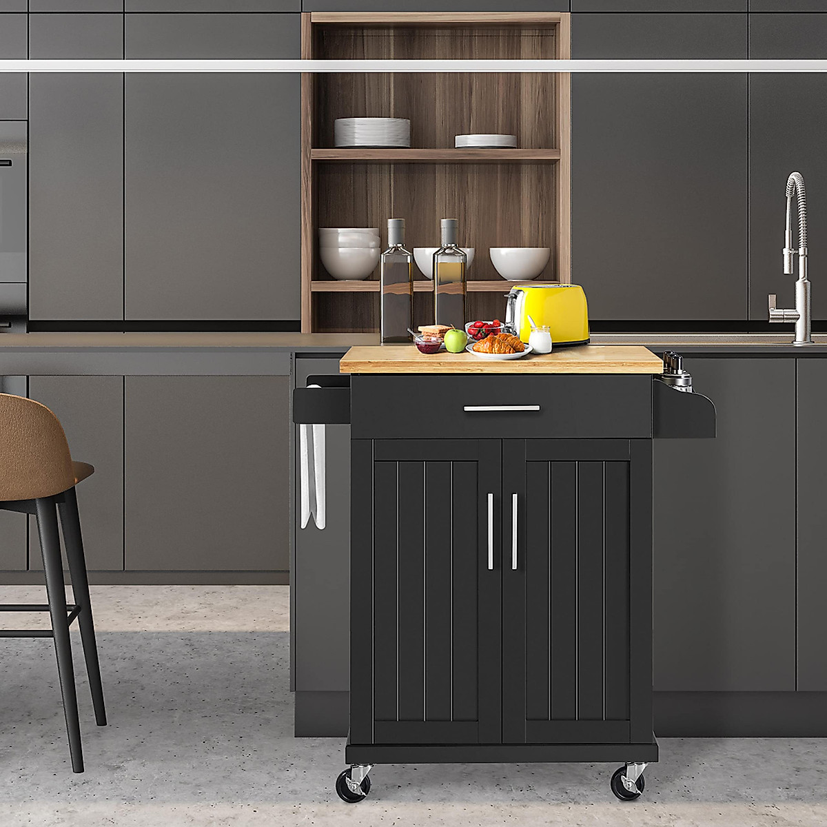 Topeakmart Kitchen Island On Wheels with Storage Cabinet and Drawer, Kitchen Trolley Cart with Spice Rack and Towel Bar for Dining Room, 26x18x36 Inches, Black