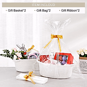 2 Pack Small Woven Basket with Gift Bags and Ribbons, Empty Decorative Gift Chest Box, Cute Baby Gift Basket for Nursery, Cotton Rope Room Shelf Storage Basket with Handles, All 12"x 8"x 5",White
