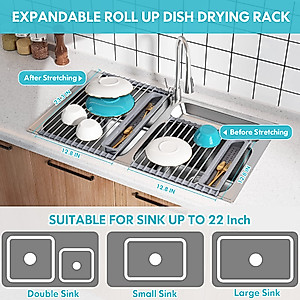BOOSINY Roll Up Dish Drying Rack, Over The Sink Dryer Rack for Kitchen Counter (12.8"-23.3" x 12.8"), Expandable 304 Stainless Steel Dish Drainer for Inside Sink, Sink Cover with Utensil Holder