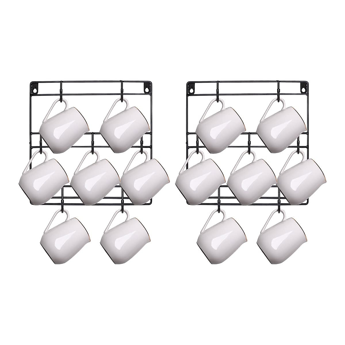 Ymeibe Wall Mounted Coffee Mug Rack with 7 Hooks Large Metal 3 Tiers Coffee Cup Holder for Coffee Mugs, Teacups, Mason Jars, Display, Organizer and Storage Hangers, Set of 2 (Black)