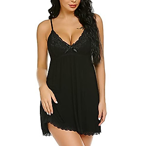 Avidlove Womens Sleepwear Lace Babydoll Sexy Chemise V-Neck Nightgown Modal Nightie(Black,L)