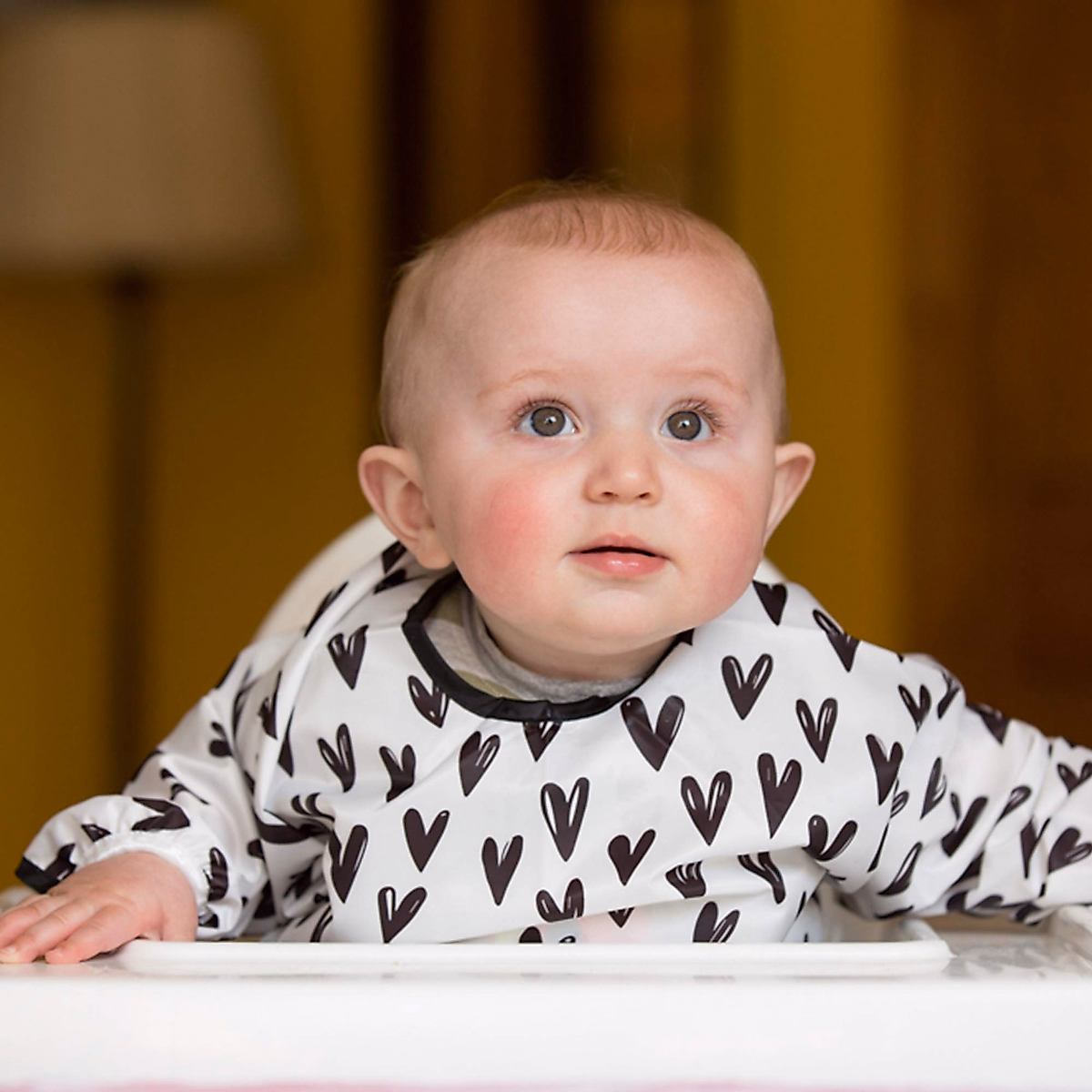 Bumkins Sleeved Bib for Girl or Boy, Baby and Toddler for 6-24 Months, Essential Must Have for Eating, Feeding, Baby Led Weaning Supplies, Long Sleeve Mess Saving Food Catcher, Hearts Black and White