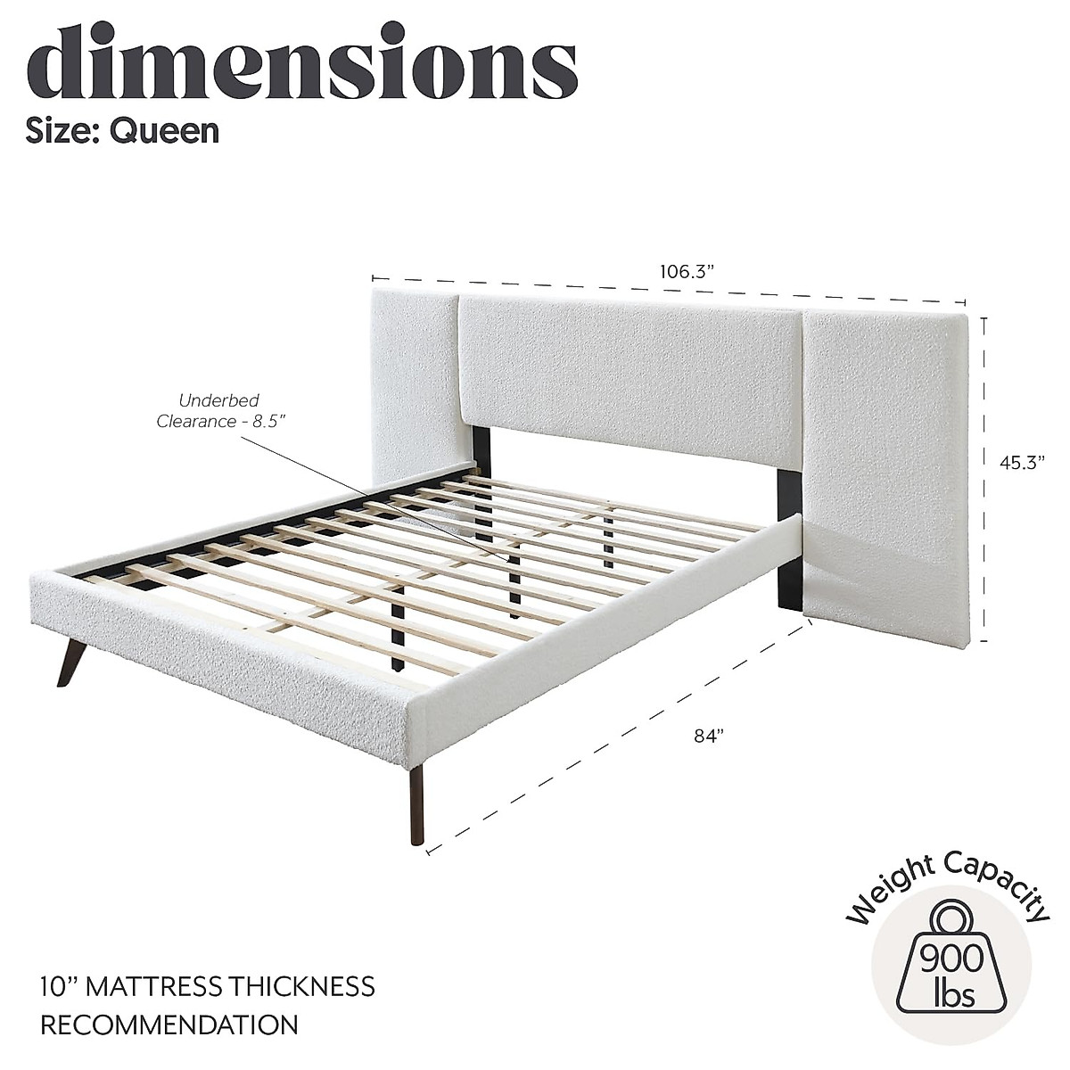 DG Casa Boucle Modern Platform Upholstered Bed Frame with Soft Textured Extended Headboard Fluted Wooden Base Legs, Slat Support Included, Easy Assembly, Queen Size, Cream