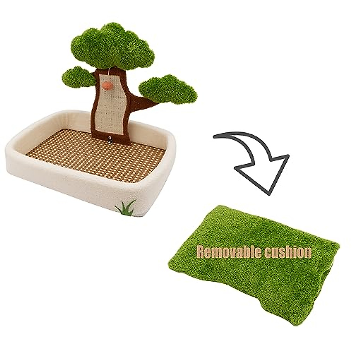 Cat Bed Small Dog Bed with Hanging Ball & Rattan Mat, 23.6'' Faux Fur Plush Indoor Soft Cat Bed Anti Anxiety Calming Pet Bed Removable Square Cushion Washable