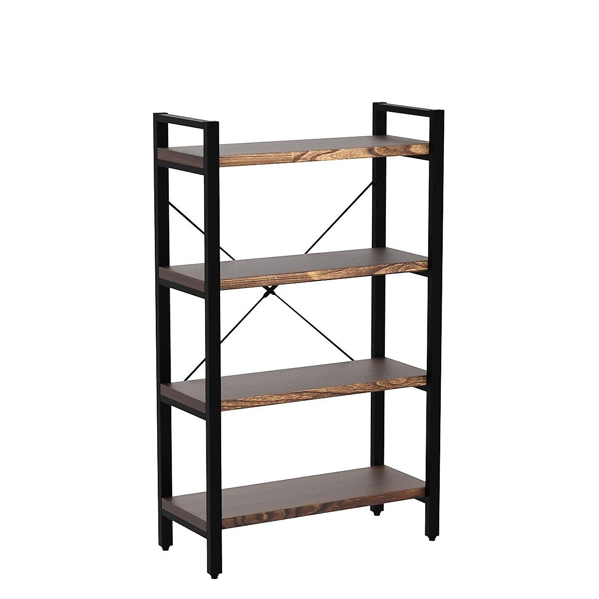 WH-AOERPUMY Solid Wood Bookshelf,4 Tier Rustic Vintage Industrial Etagere Bookcase, Open Metal and Wood Vintage Book Shelf, Retro Brown (Real Wood)(4-Tier)