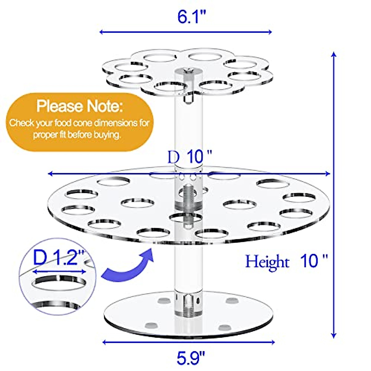 Ice Cream Cone Holder 2-Tier, 24-Cavity Round Clear Acrylic Waffle Cone Display Stand Baby Showers Birthday Parties Weddings Anniversaries Christmas Halloween Candy Decorative