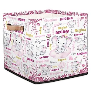XIOBODR Personalized Storage Bin, Cute Elephant Clouds Text Pink Custom Name Storage Baskets for Organizing with Handles, 13 x 13 Inch Collapsible Storage Box for Closet Cloth Baskes Toy