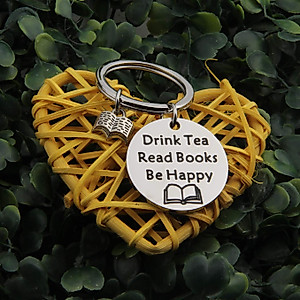 FEELMEM Tea Lovers Gift Drink Tea Read Books Keychain Tea Party Gift Literature Book Lovers Jewelry Gift for Readers, Bookworm, Book Club (silver)