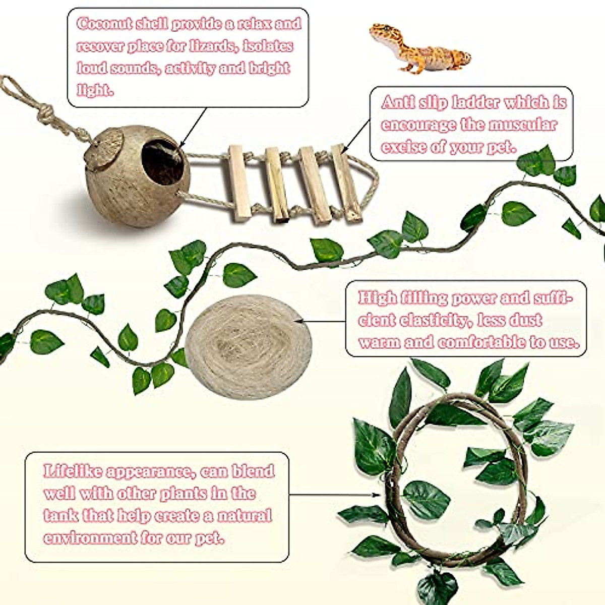 Tfwadmx Crested Gecko Coco Hut Natural Lizard Coconut Shell Hideout Home Mini Condo Reptiles Durable Ladder Cave Habitat Hanging Loop Climbing Porch Hiding Nest House