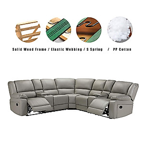 FREESNOOZE Manual Reclining Sectional Sofa Recliner Sofa with Cup Holders and 2 Storage Consoles for Living Room Furniture(PU Grey)