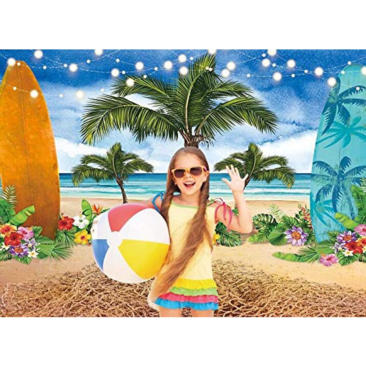Allenjoy Summer Beach Ocean Photography Backdrops Blue Sky Seaside Surfboard Tropical Palm Trees Luau Kids Girl 1st Birthday Party Decor Banner Baby Shower 7x5ft Photoshoot Background Photo Booth Prop