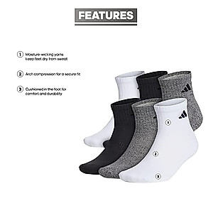 adidas Men's Athletic Cushioned Quarter Socks with Arch Compression for a Secure fit (6-Pair), White/Alumina Beige/Carbon Grey, Large