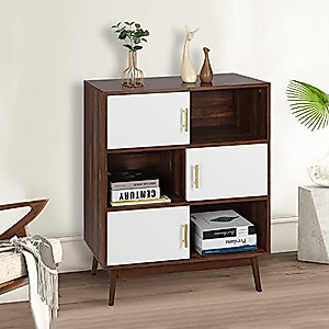 Anmytek Cube Bookcase with Doors and Display Shelves, Mid-Century Modern Bookshelf with Legs, Free Standing Walnut Storage Shelf Open Cabinet for Bedroom, Living Room, Office H0035