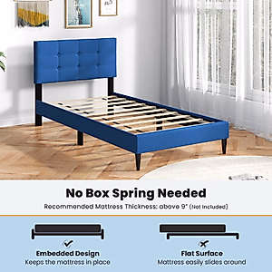 Giantex Twin Bed Frames for Kids, Modern Fabric Linen Upholstered Platform Bed Frame with Button Tufted Headboard and Wooden Slats, No Box Spring Needed, Kids Twin Bed for Boys Girls, Navy Blue