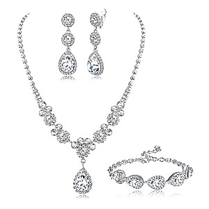 Jstyle Rhinestone Bridal Jewelry Set Necklace Bracelet Clip On Earrings for Brides Bridesmaid Cluster Crystal Teardrop Pendants Jewelry Set for Wedding Prom（S