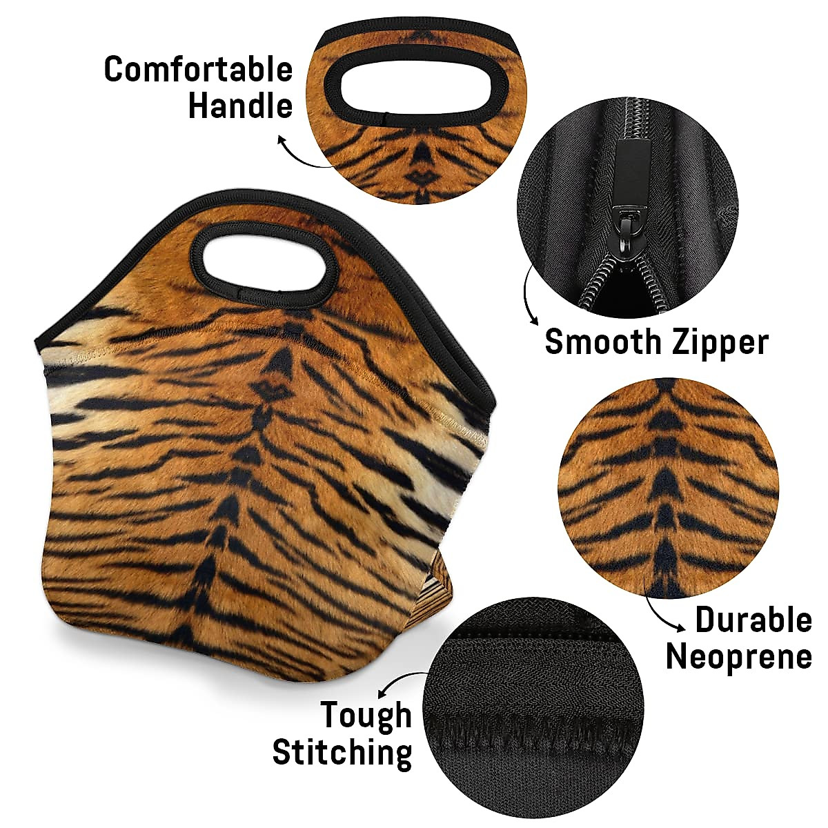 Insulated Neoprene Lunch Bag for Women Men Kids Animal Tiger Leopard Print Lunch Box Reusable Small Lunch Tote Bag Cooler Bag for School Work Picnic