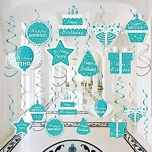 Teal Silver Birthday Decorations Hanging Swirls Party Supplies, 30Pcs Breakfast Blue Happy Birthday Foil Swirls for Girls Women, 16th 21st 30th 40th 50th 60th Bday Ceiling Swirls Sign