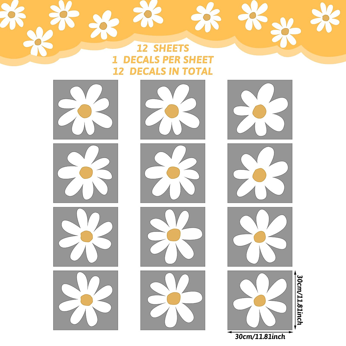 12 Sheets Daisy Wall Decals Flower Wall Stickers Large Daisy Wall Stickers Daisy Decals for Wall Peel and Stick for Nursery Bedroom Living Room Wall Decor (Classic Style)