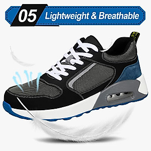 LAoutun Steel Toe Shoes for Men Women Slip Resistant Safety Shoes Lightweight Indestructible Shoes Puncture Resistant Steel Toe Work Shoes Black Blue Size 9.5