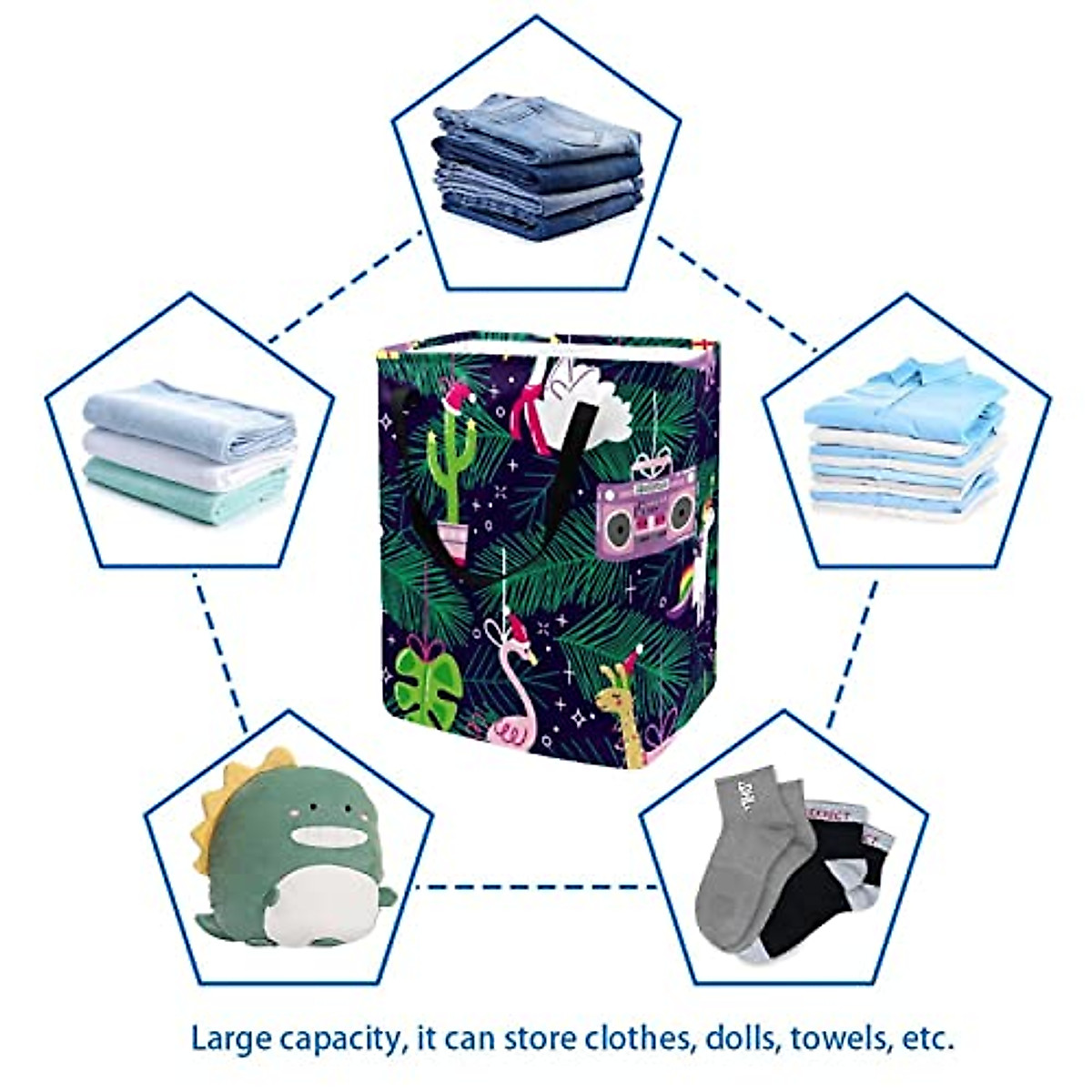 Christmas Hat Dinosaur Flamingo Unicorn Swan Cactus Print Collapsible Laundry Hamper, 60L Waterproof Laundry Baskets Washing Bin Clothes Toys Storage for Dorm Bathroom Bedroom