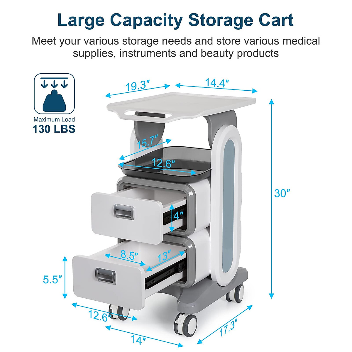 Mobile Medical Trolley Cart 130 Lbs Load Portable Professional Cart for Ultrasound Imaging Scanner Vehicle Beauty Storage Cart with Drawers Tool Tray Wheels for Home Hospital Office Medical Clinic