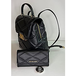 Michael Kors Serena MD Flap Backpack bundled with Trifold Wallet and Purse Hook (Black)