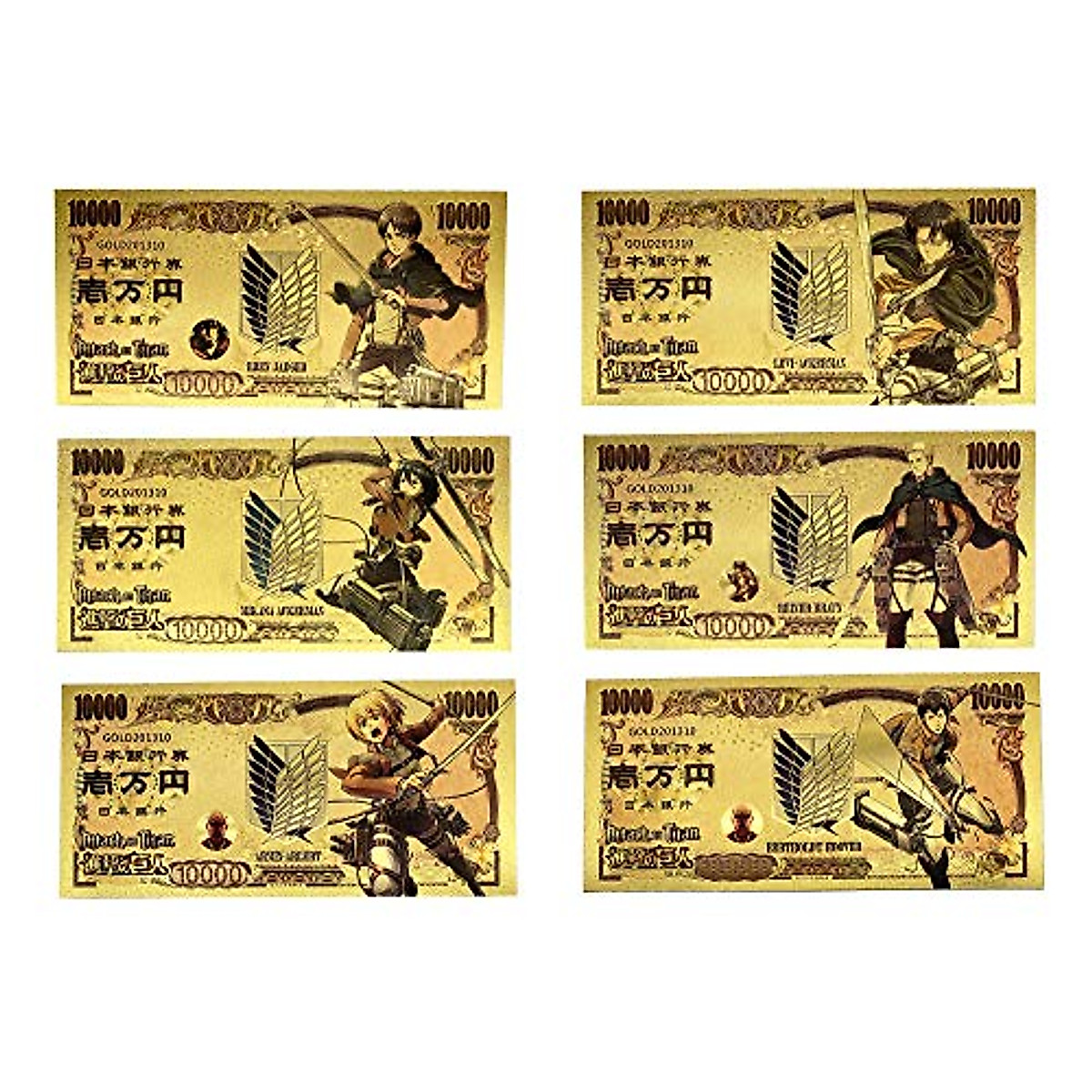 YJacuing Anime Attack on Titan Gold Coated Banknote, Limited Edition Collectible Bill Bookmark (6 PCS Collection)