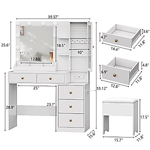 Vanity Desk with Mirror and Lights, White Makeup Vanity with 5 Drawers Hidden Jewelry Organizer& LED Glass Cabinet,3 Lights Mode and Brightness Adjusted,Vanity Mirror with Lights Desk and Chair