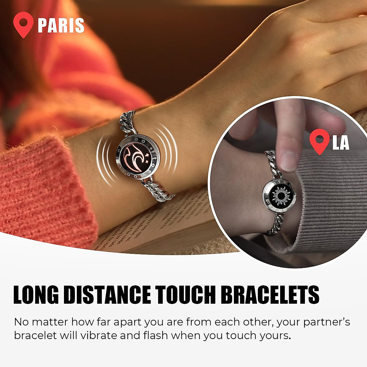 TOTWOO Long Distance Bracelets for Couples, Vibration & Light Up Bracelet, Montain & Sea Long Distance Relationship Gifts for Girlfriend Boyfriend, Bluetooth Smart Pairing Jewelry (Cuban Chain | Silver Silver)