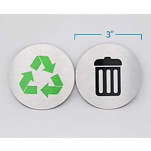Metal Trash & Recycling Signs | Garbage & Recycling Bin Marker | Set of 2 - 1 Black Trash Sign & 1 Green Recycle Sign | 3" Round, Brushed Silver Aluminum Signs | Made in USA