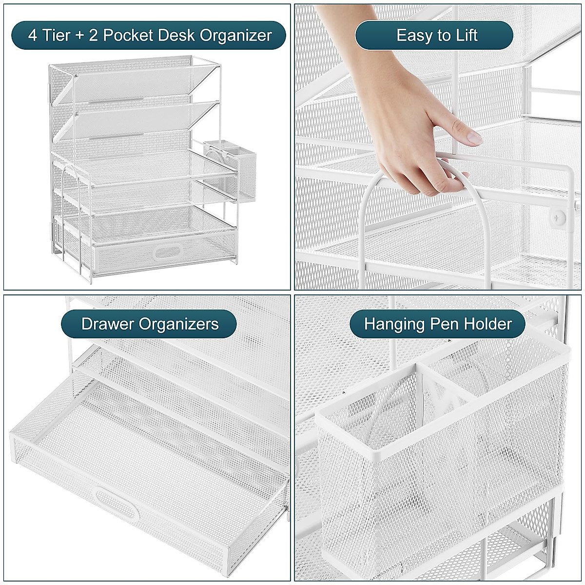 Marbrasse Desk Organizer with Drawer, 4-Tier File Organizer Paper Tray with 2 Pockets File Holder and Pen Holder, Mesh Desk Organizers and Accessories, Desktop Organizer for Home Office (White)