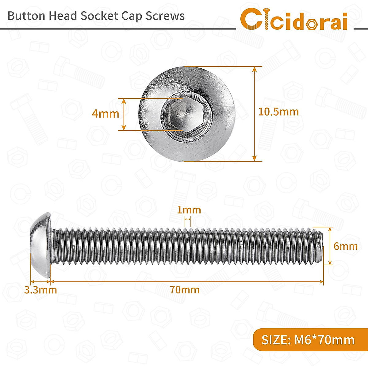 Cicidorai M6-1.0 x 70mm Button Head Socket Cap Bolts Screws, 304 Stainless Steel 18-8, Allen Socket Drive, Full Machine Threads, Quantity 10