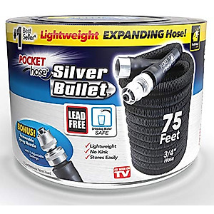 Pocket Hose Silver Bullet 75 ft Turbo Shot Nozzle Multiple Spray Patterns Expandable Garden Hose 3/4 in Solid Aluminum Fittings Lead-Free Lightweight and No-Kink