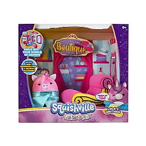 Squishville by Squishmallow Boutique Play Scene, 2” Lola Soft Mini-Squishmallow, 8” Playset, 1 Plush Accessory, Animals, Boutique Toys