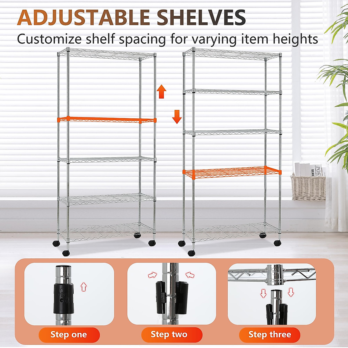 FDW Storage Shelves Adjustable Storage Rack Wire Shelf with Wheels Outstanding Load Metal 5 Tier Shelves Shelf Storage Solution for Small Spaces Multifunctional Easy Assembly,Chrome