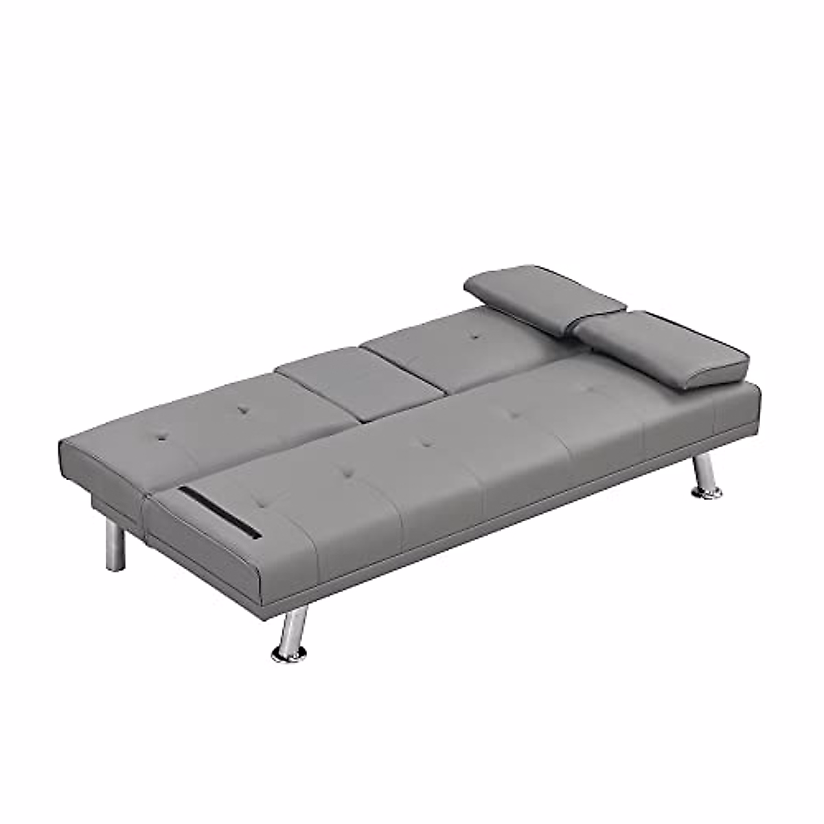 Modern Faux Leather Convertible Folding Futon Sofa Bed, Sofa Couch for Compact Living Space, Apartment, Dorm, Removable Armrests, 2 Cupholders (Gray)