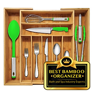 Nature Gear Kitchen Drawer Organizer - 9 Section Expandable Bamboo Storage for Flatware - Housewares - Bath & Vanity - Tool Utility Caddy Adjustable Tray