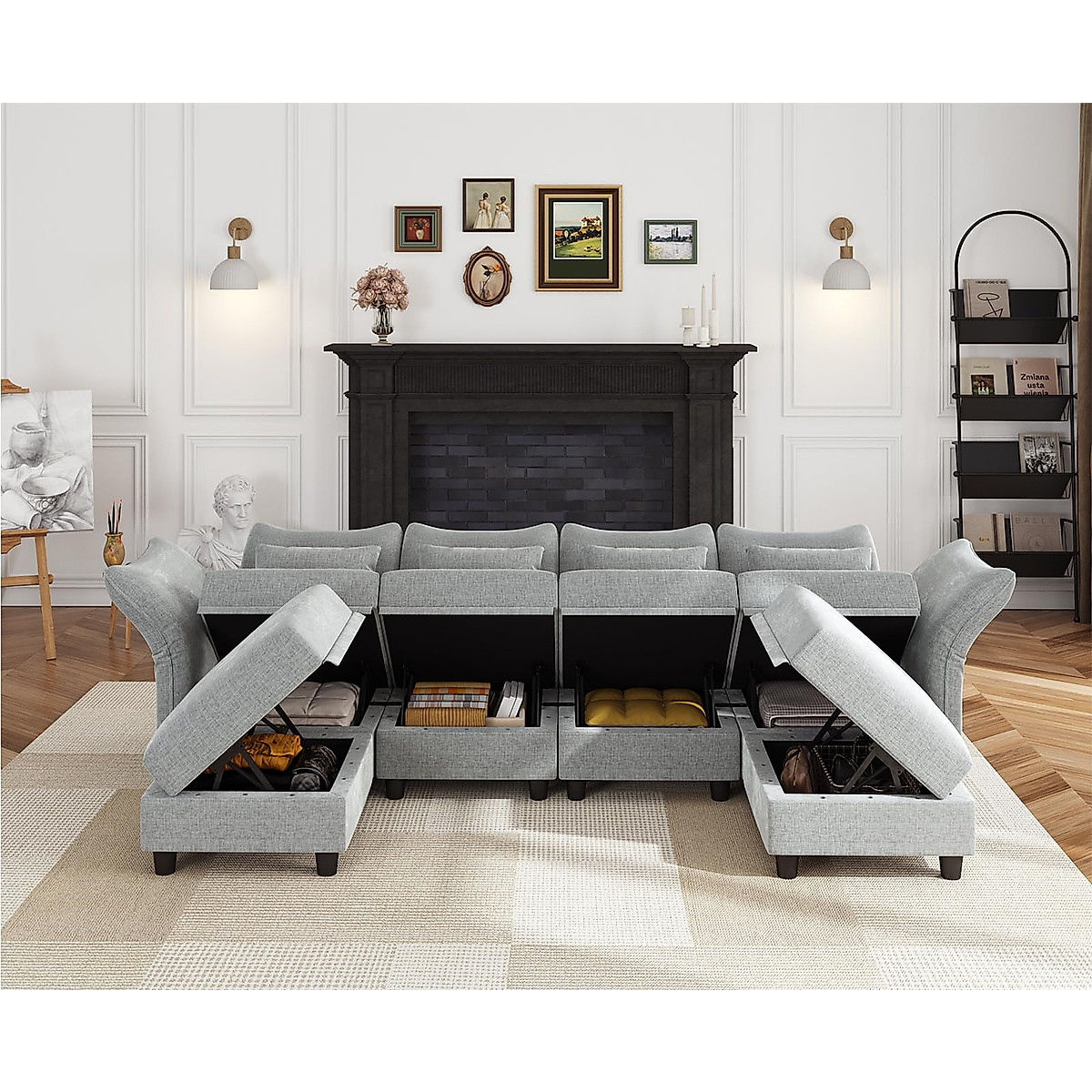 LLappuil Chenille U Shaped 6 Piece Sectional Sofa for Living Room Modular Sofa Sectional Couch with Reversible Chaise and Storage Ottoman, Grey