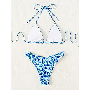 SOLY HUX Women's Floral Print Halter Triangle Tie Side Bikini Bathing Suits 2 Piece Swimsuits Ditsy Floral Blue S