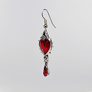 Valentines' Day Red Heart Romance Dangle Earrings Austrian Crystals Thorns and Roses Silver Finish