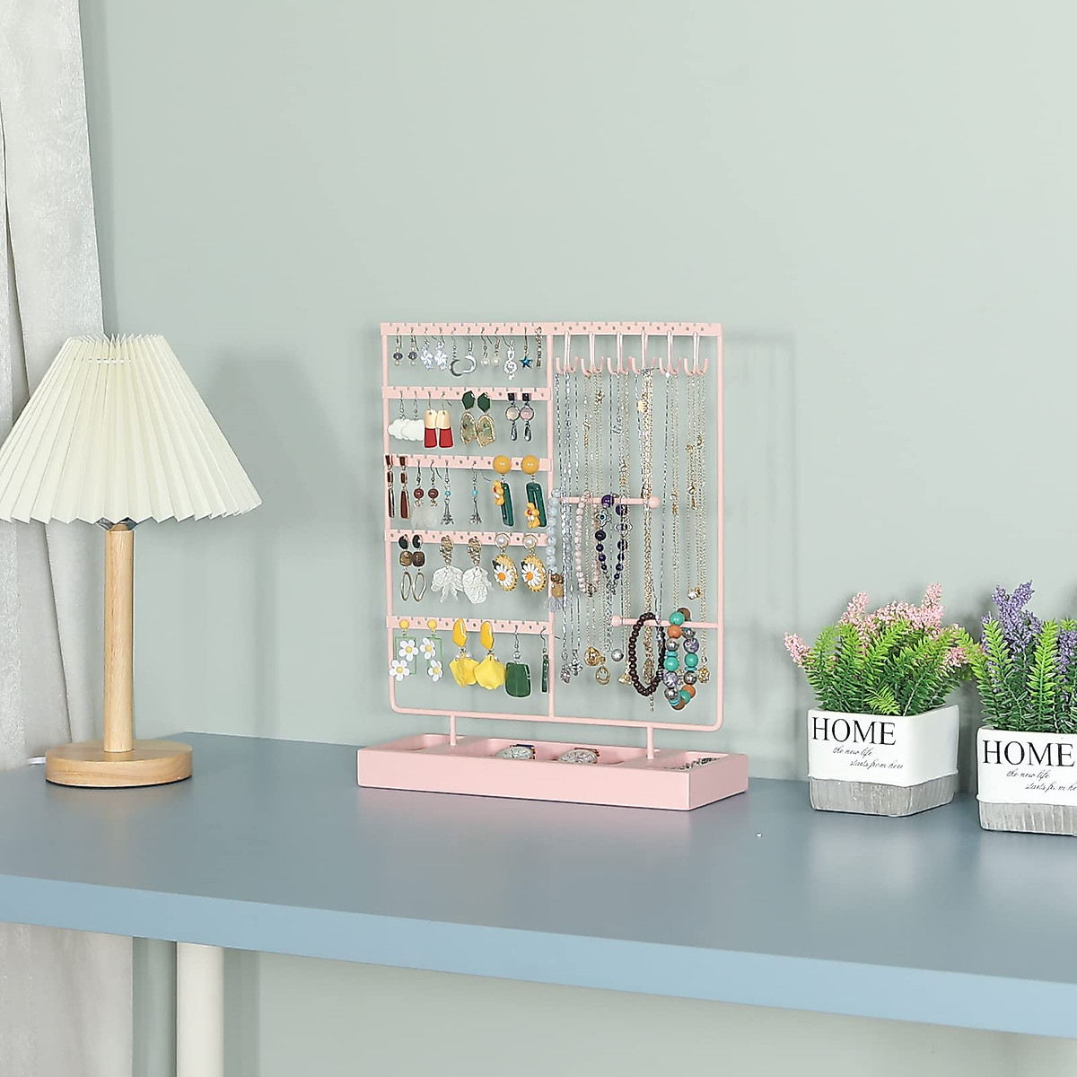 X-cosrack Earring Organizer Holder, 5-Tier Ear Stud Holder with Wooden Tray, Jewelry Towers for Earrings Necklaces Bracelets Watches and Rings,Earring Display Stand, Pink