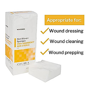 McKesson Non-Woven Sponges, Non-Sterile, 4-Ply, High Absorbency, Polyester/Rayon, 4 in x 4 in, 200 Per Pack, 10 Packs, 2000 Total