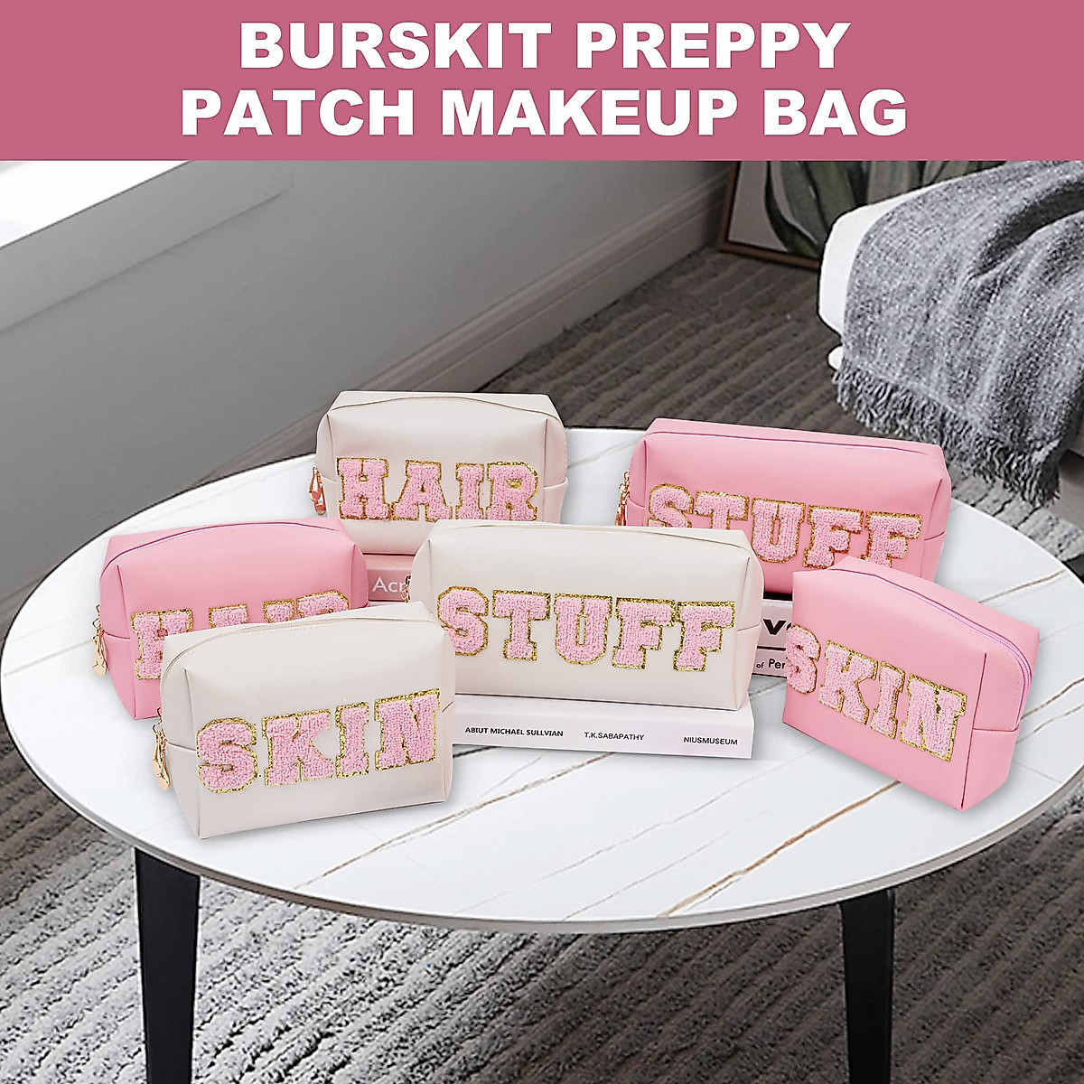 Burskit Preppy Patch Skincare Bag Travel Makeup Bag Varsity Letter Cosmetic Toiletry Cute Bag for Teen Girls PU Leather Portable Zipper Pouch Storage Purse Waterproof Organizer (Pink)