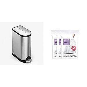 simplehuman 18 Liter/4.8 Gallon Butterfly Lid Kitchen Step Trash Can, Brushed Stainless Steel & Code V Custom Fit Drawstring Trash Bags in Dispenser Packs, 16-18 Liter/4.2-4.8 Gallon, Clear –60 Liners