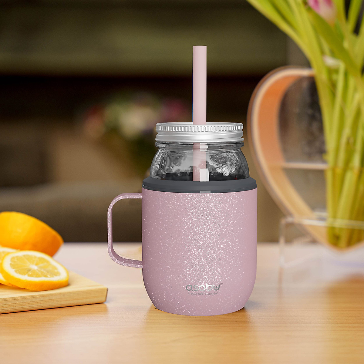 asobu Moonshine Mason Jar with Stainless Steel Insulated Sleeve and Handle Doubles as a Mug 16 Ounces (GLITTER NUDE)